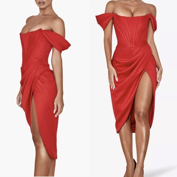 House of CB | Dresses | House Of Cb Loretta Red Satin Off Shoulder ...